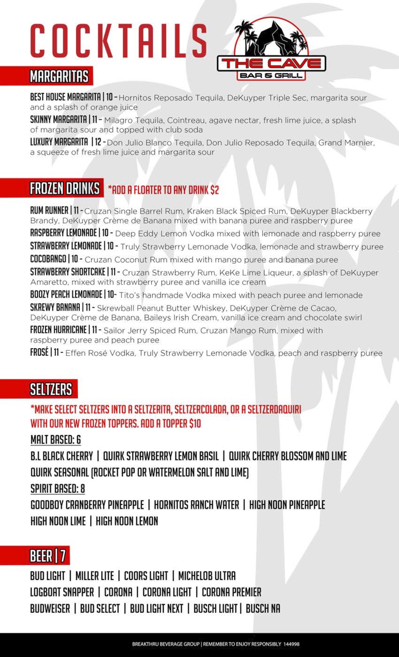 Menu & Specials - Cave Bar